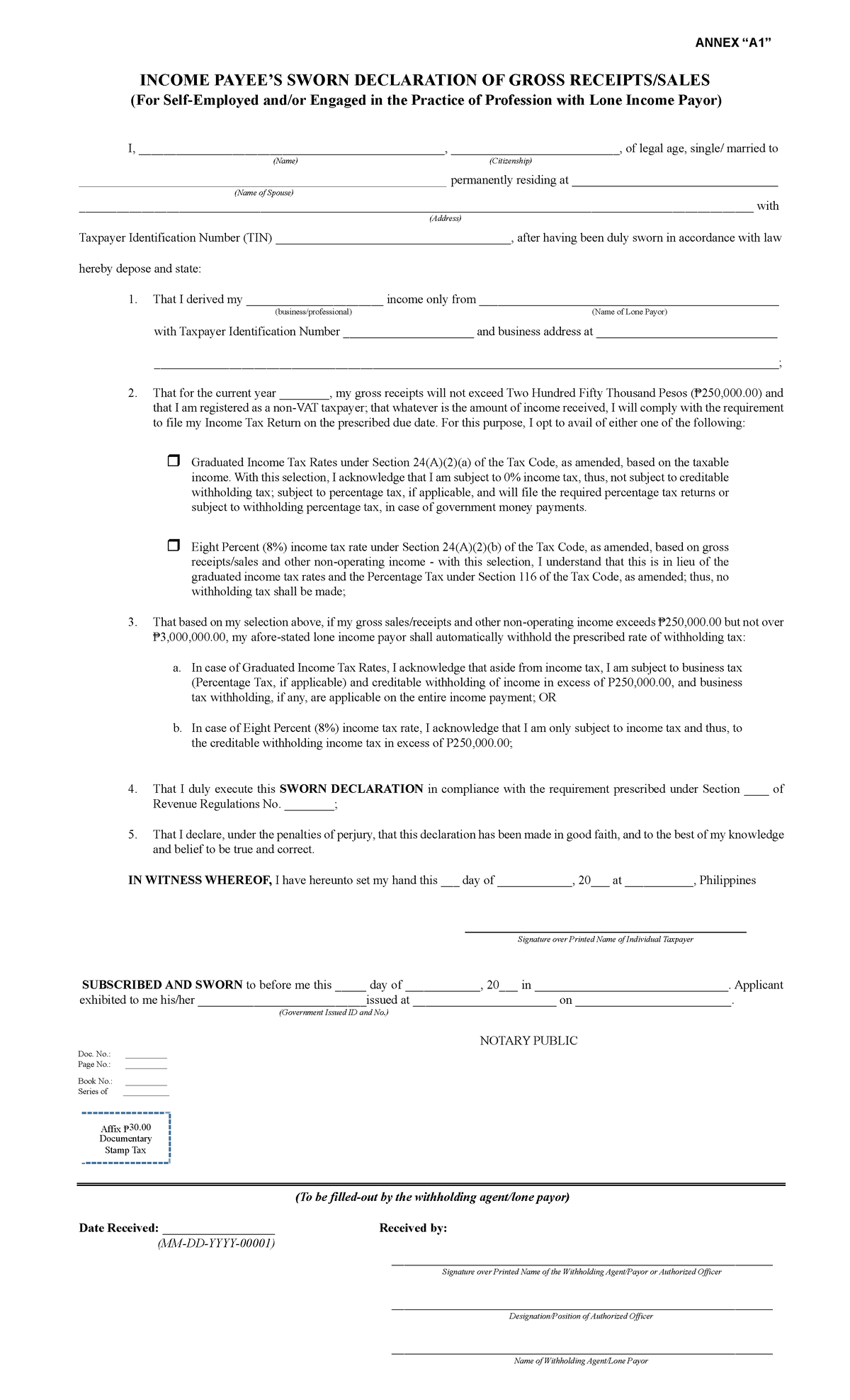 Sworn Declaration for Income Payee (Annex A1) – Self-Employment - Studocu