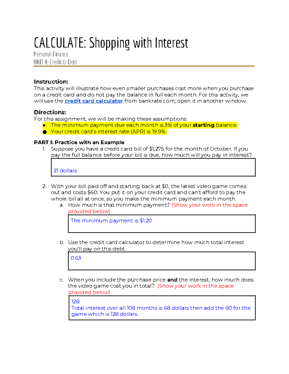 Copy of Calculate Shopping with Interest - CALCULATE: Shopping with ...