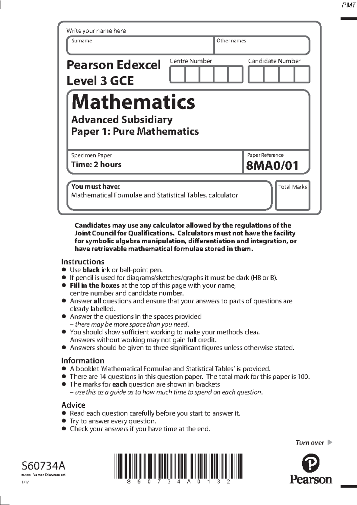 Edexcel Maths AS-Level Specimen Paper 1 - Pure Mathematics QP - Studocu