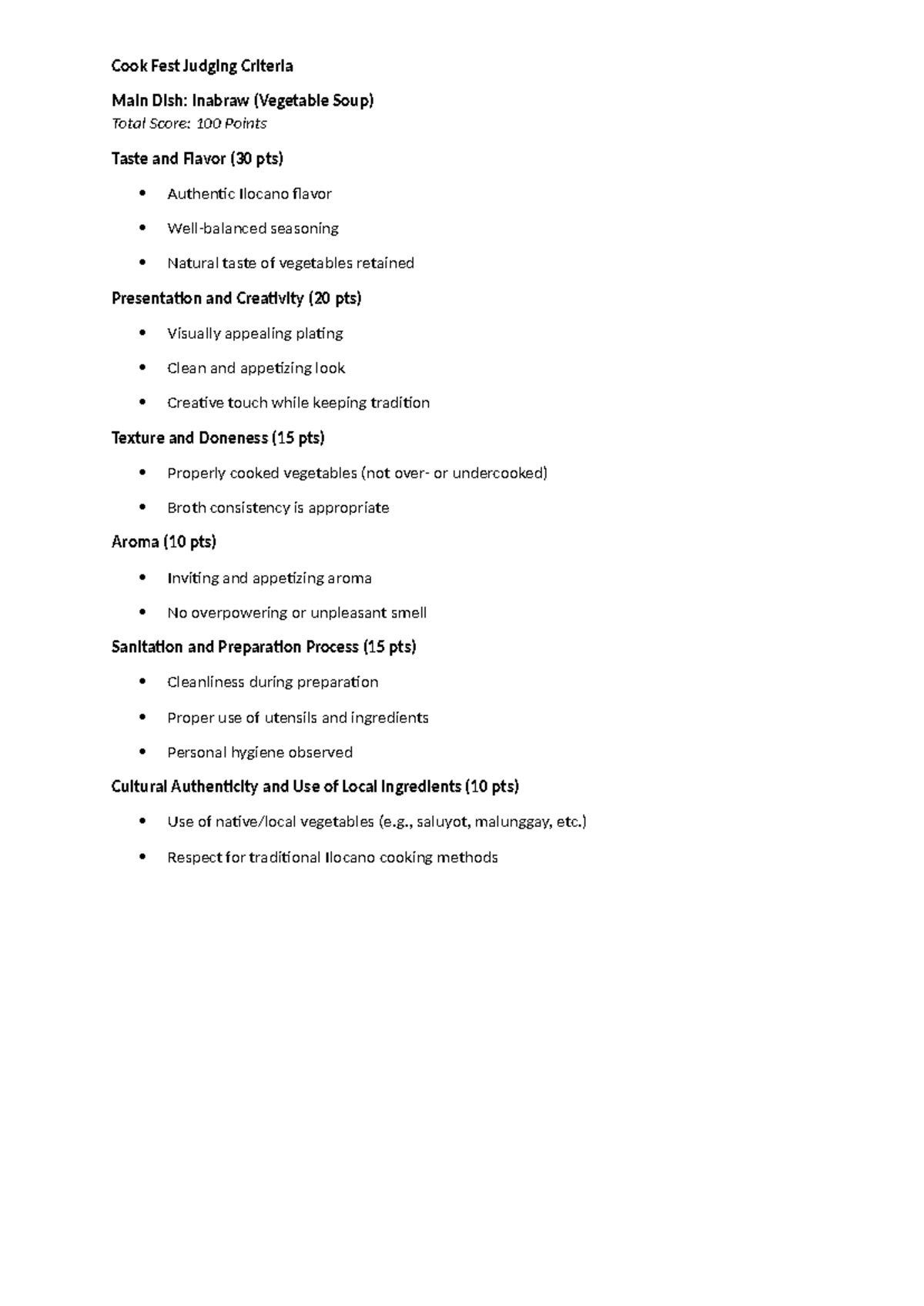 Cook Fest Judging Criteria: Inabraw (Vegetable Soup) Evaluation - Studocu