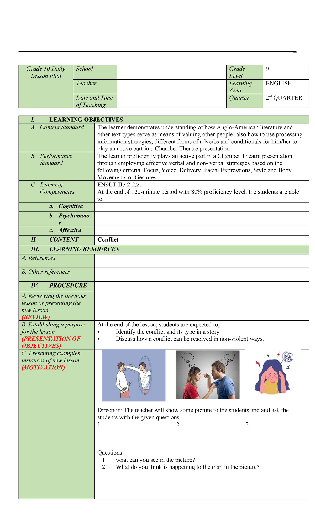 Grade 10 English Lesson Plan: Resolving Conflict in Literature - Studocu