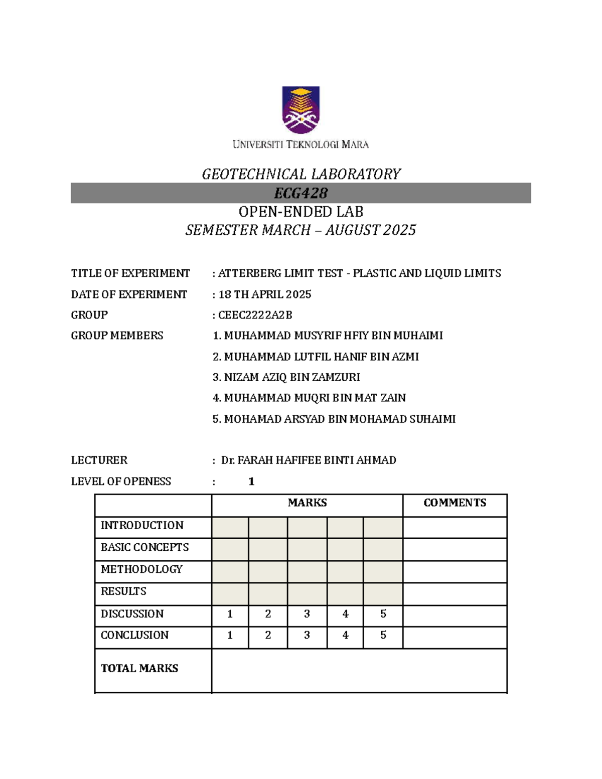 GEOTECHNICAL LAB ECG428: Atterberg Limits Test Report (April 2025 ...