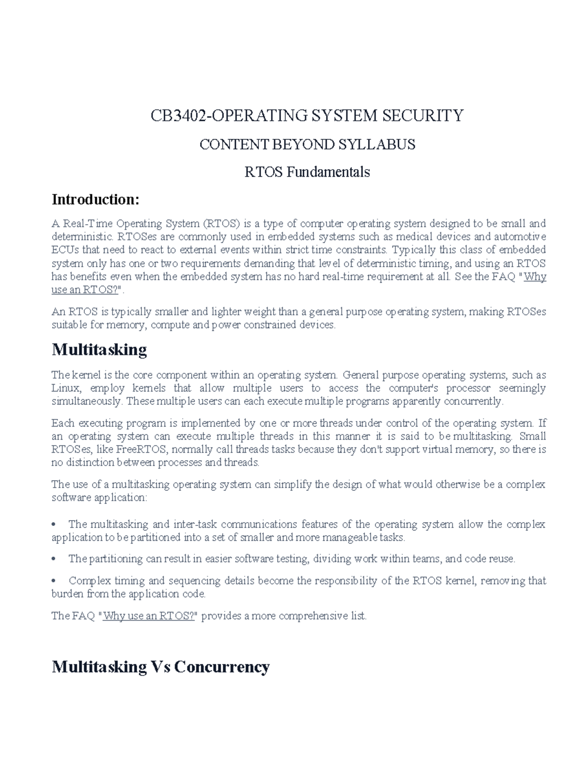 CB3402 - RTOS Fundamentals: System Security and Multitasking Overview - Studocu