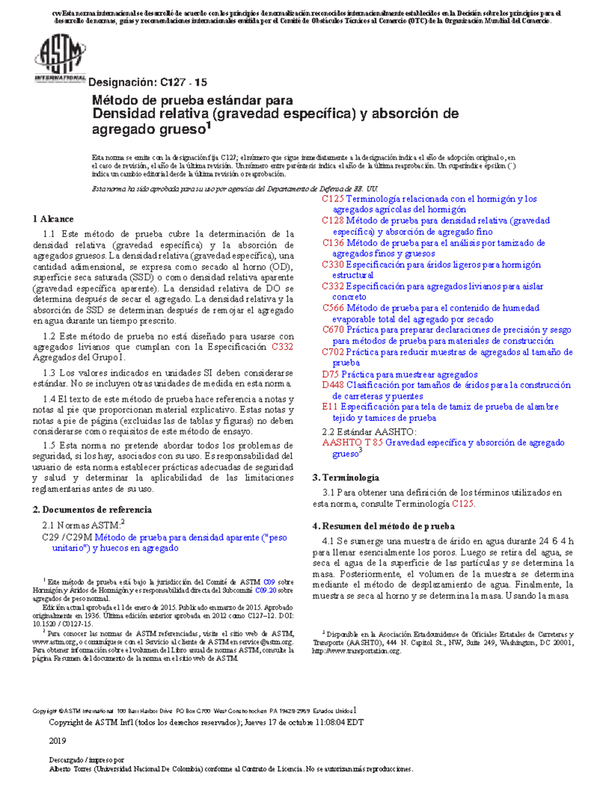Método de Prueba ASTM C127-15: Densidad Relativa y Absorción de ...