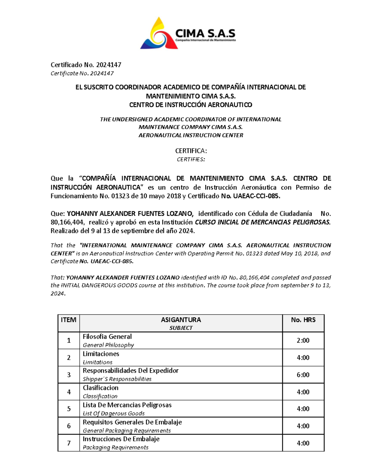 Certificación curso básico Mercancías peligrosas - Certificado No ...