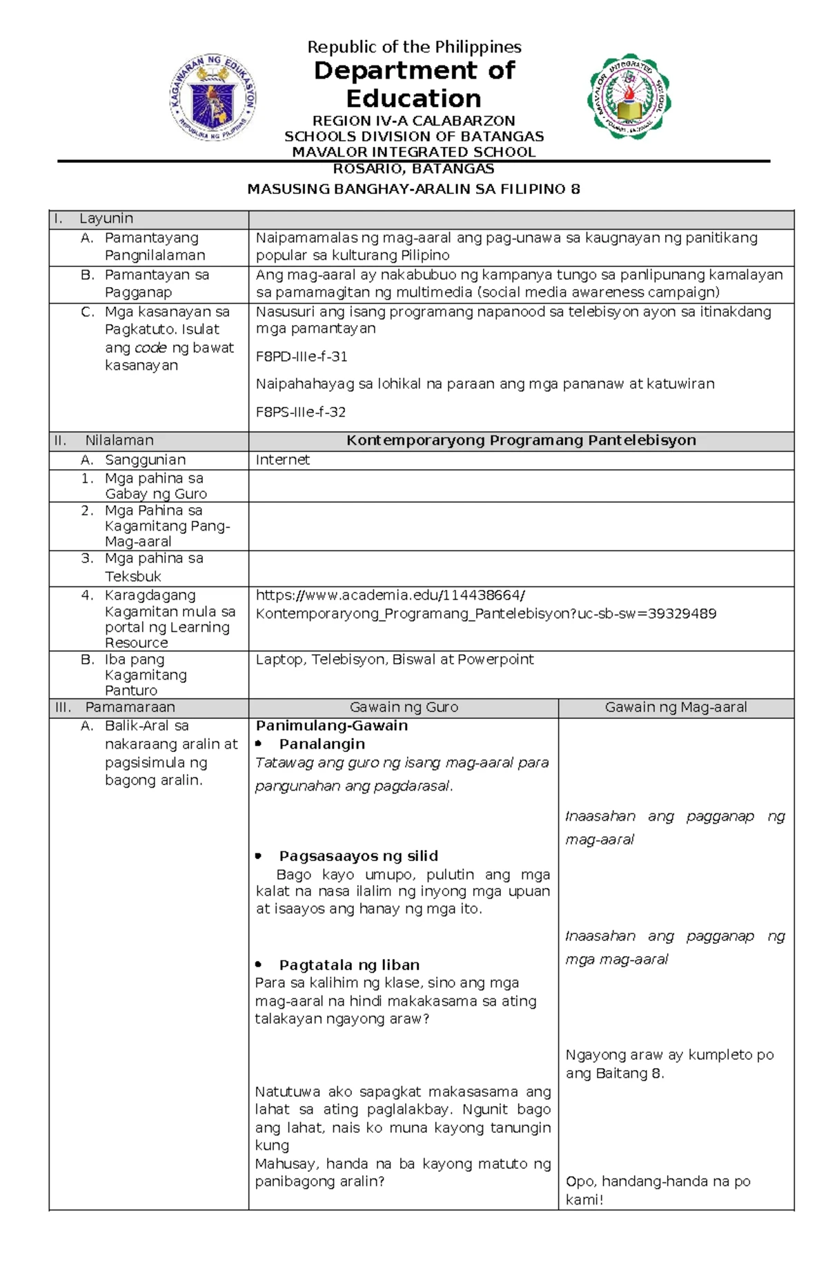Lesson plan Hele ng Ina sa kanyang Panganay - MASUSING BANGHAY-ARALIN ...