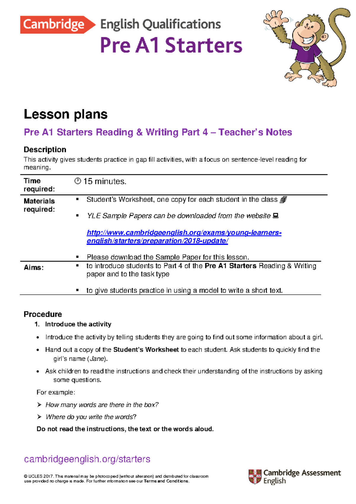 Pre A1 Starters 2018 Reading & Writing - Teacher's Notes Part 4 - Studocu