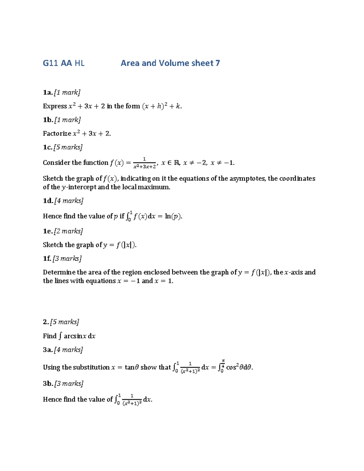 G11 AA HL Area and Volume - Sheet 7 Solutions and Graphs - Studocu
