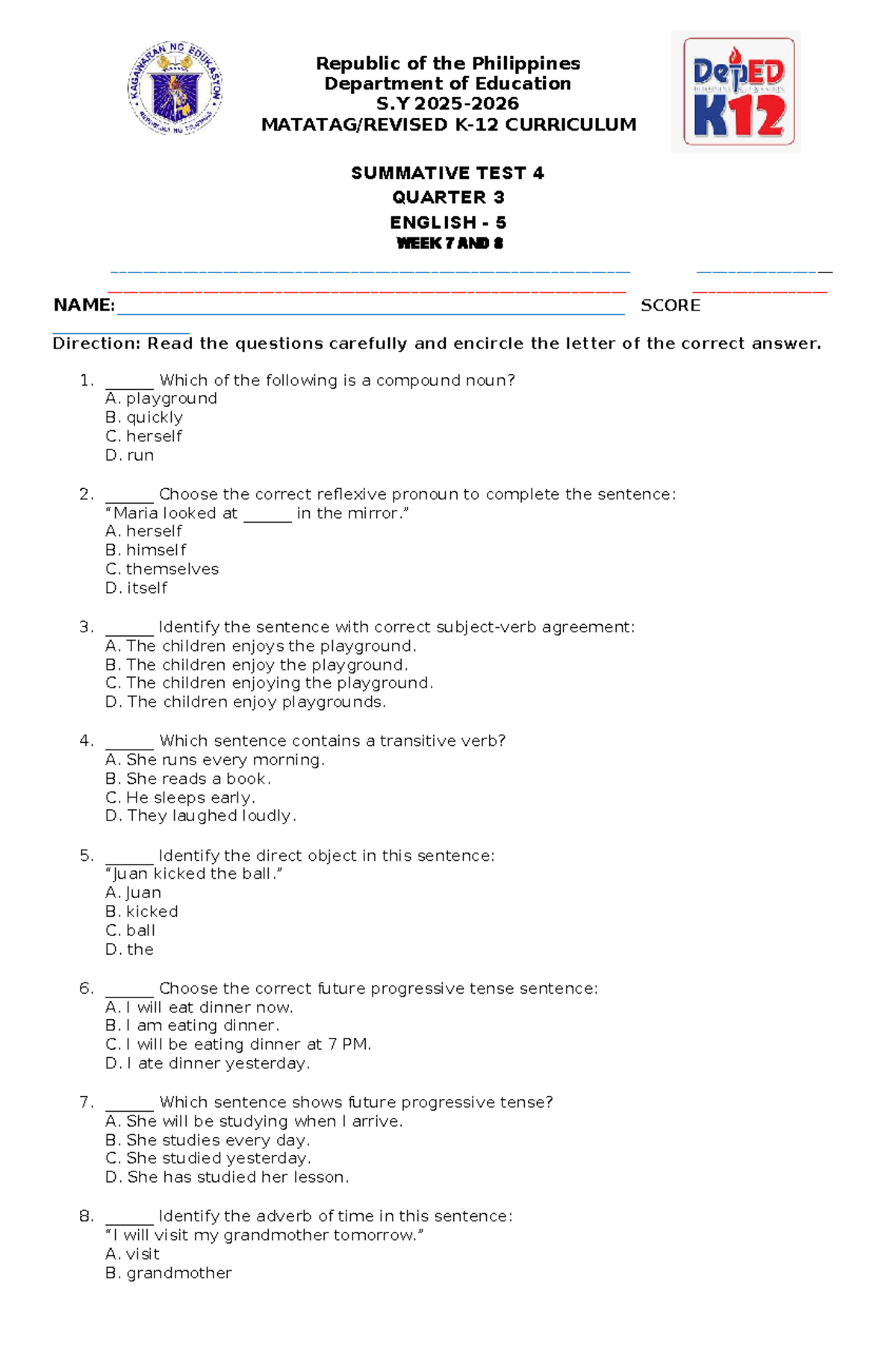 Q3 English 5 Summative Test 4 (Weeks 7-8) Review - Studocu