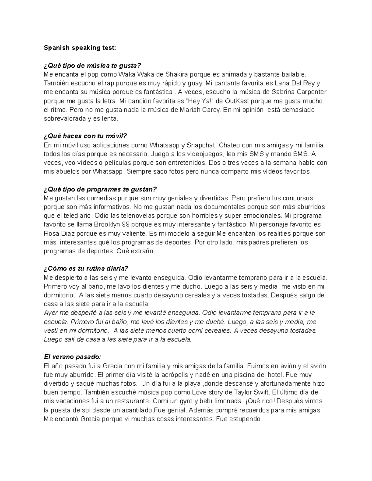 Spanish speaking test - Spanish speaking test: ¿Qué tipo de música te ...