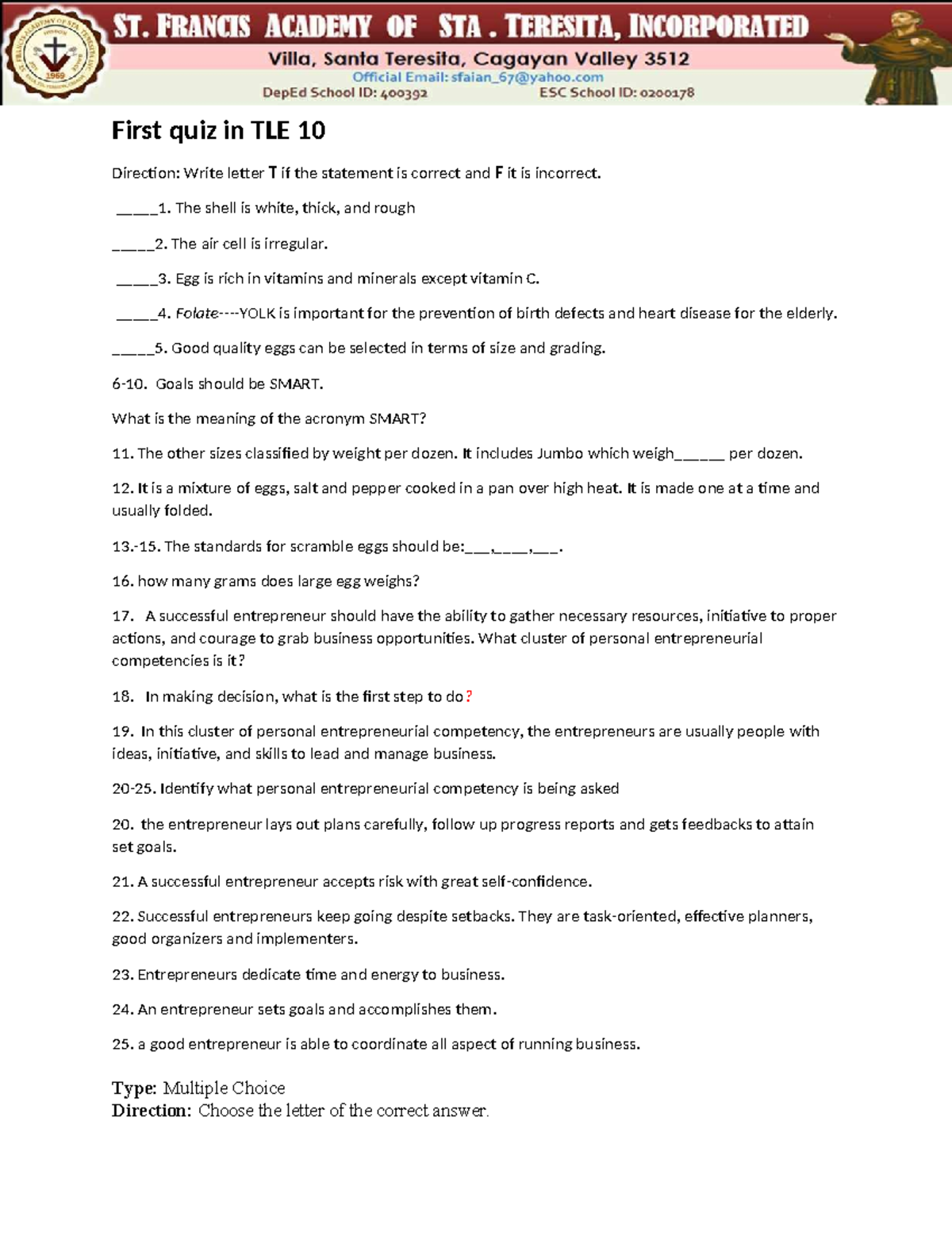 TLE 10: First Quiz on Egg Preparation and Culinary Uses - Studocu