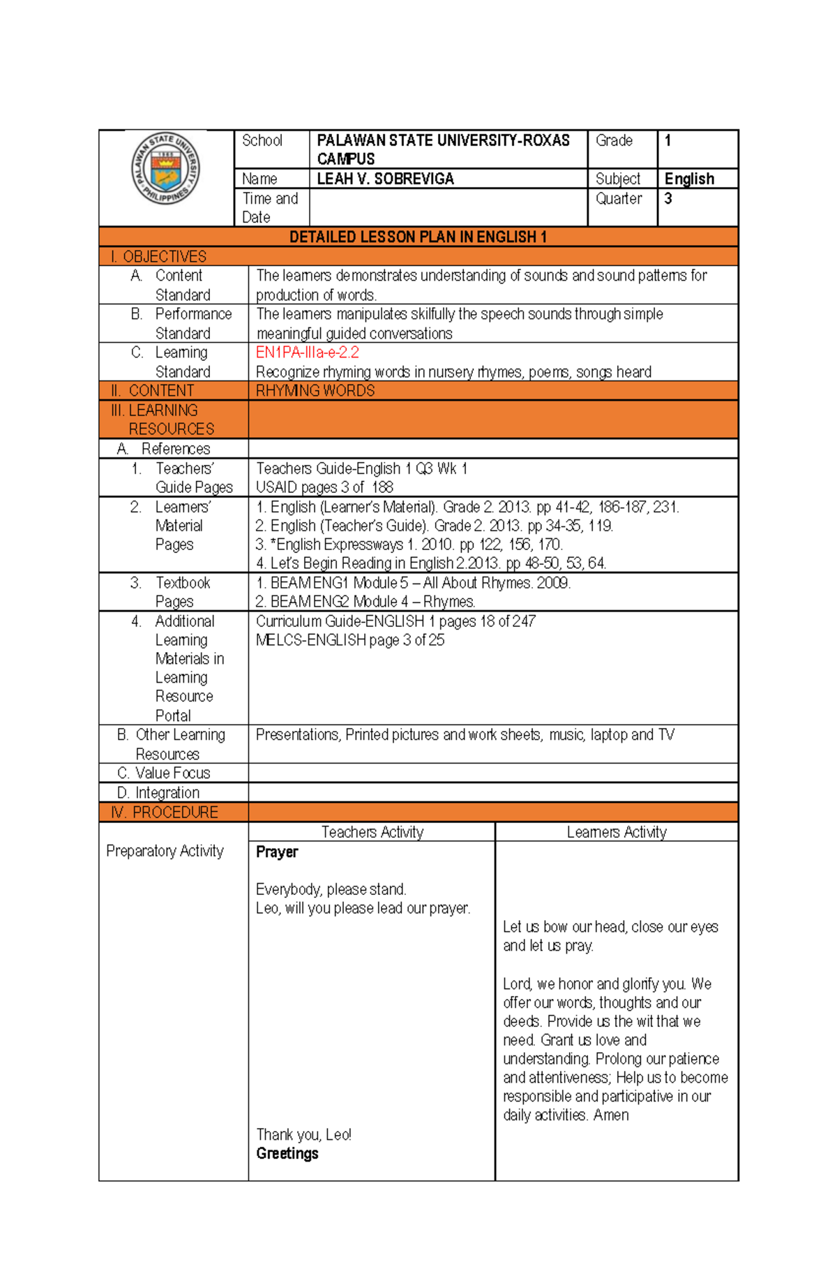 Detailed Lesson Plan in English 1 (Grade 1) - Quarter 3 - Studocu