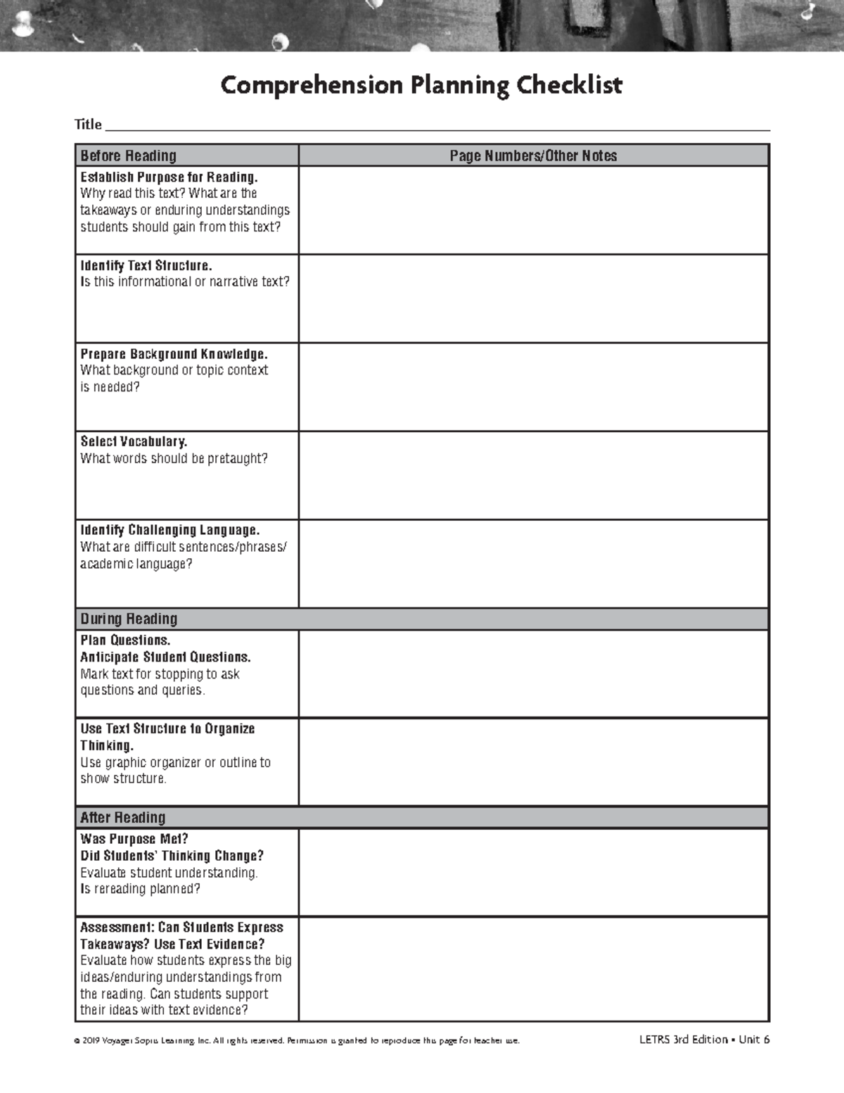 LETRS 3rd Edition Unit 6: Comprehension Planning Checklist - Studocu