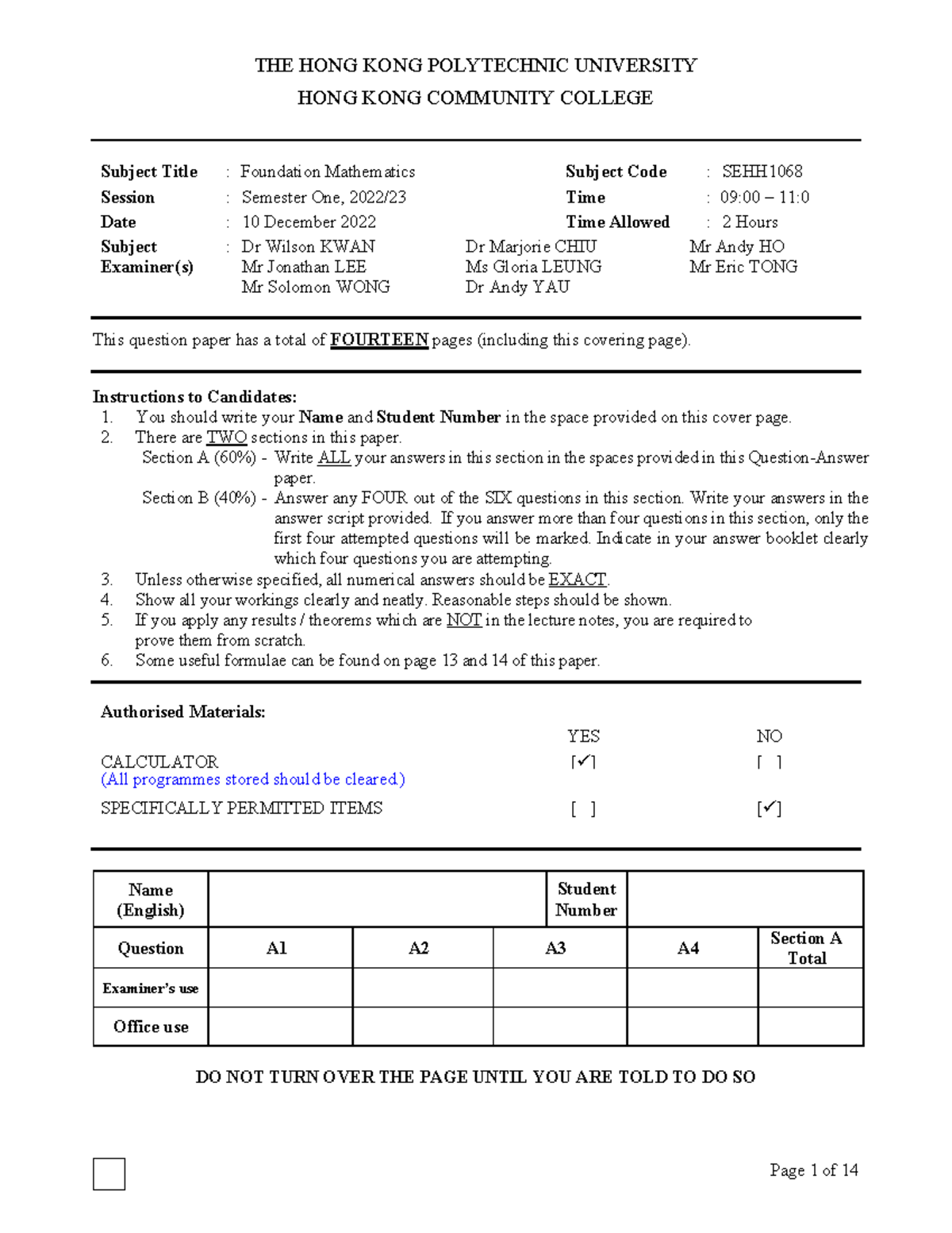 2223 S1 SEHH1068 Foundation Mathematics Exam Paper - Studocu