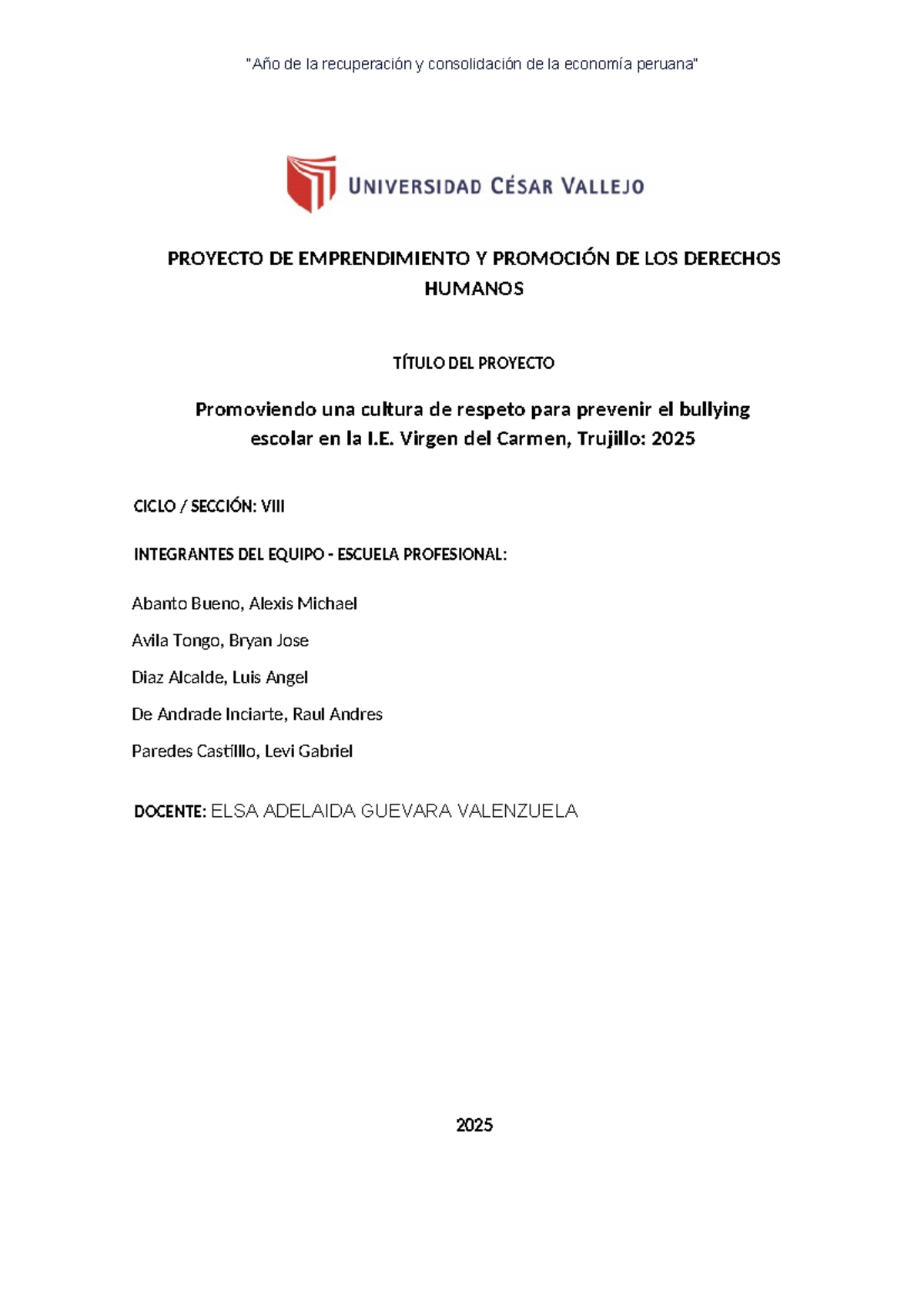 Esquema del Proyecto de Promoción de DDHH y Prevención del Bullying 2025-I - Studocu