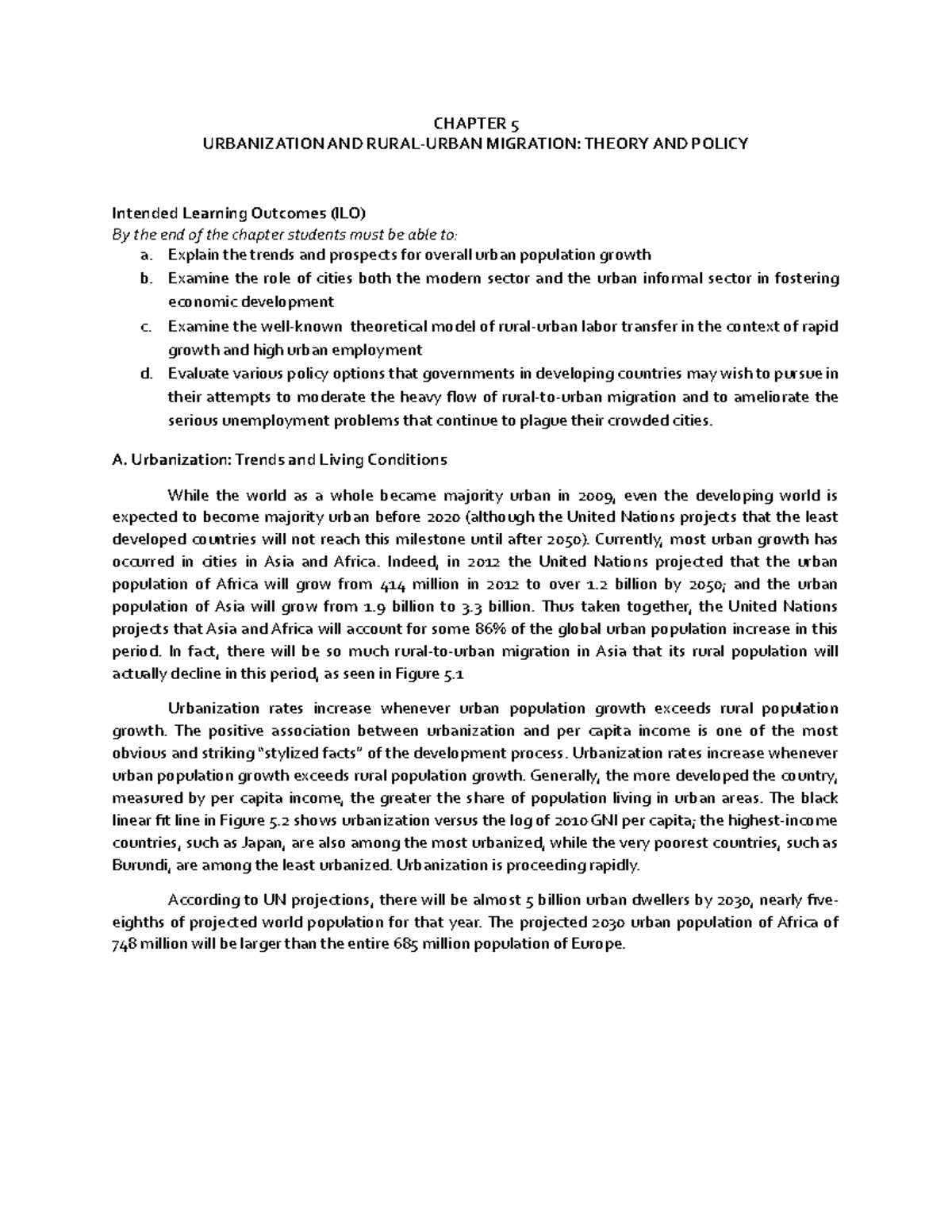 Chapter 5 Urbanization and Rural-Urban Migration Theory and Policy - CHAPTER 5 URBANIZATION AND ...