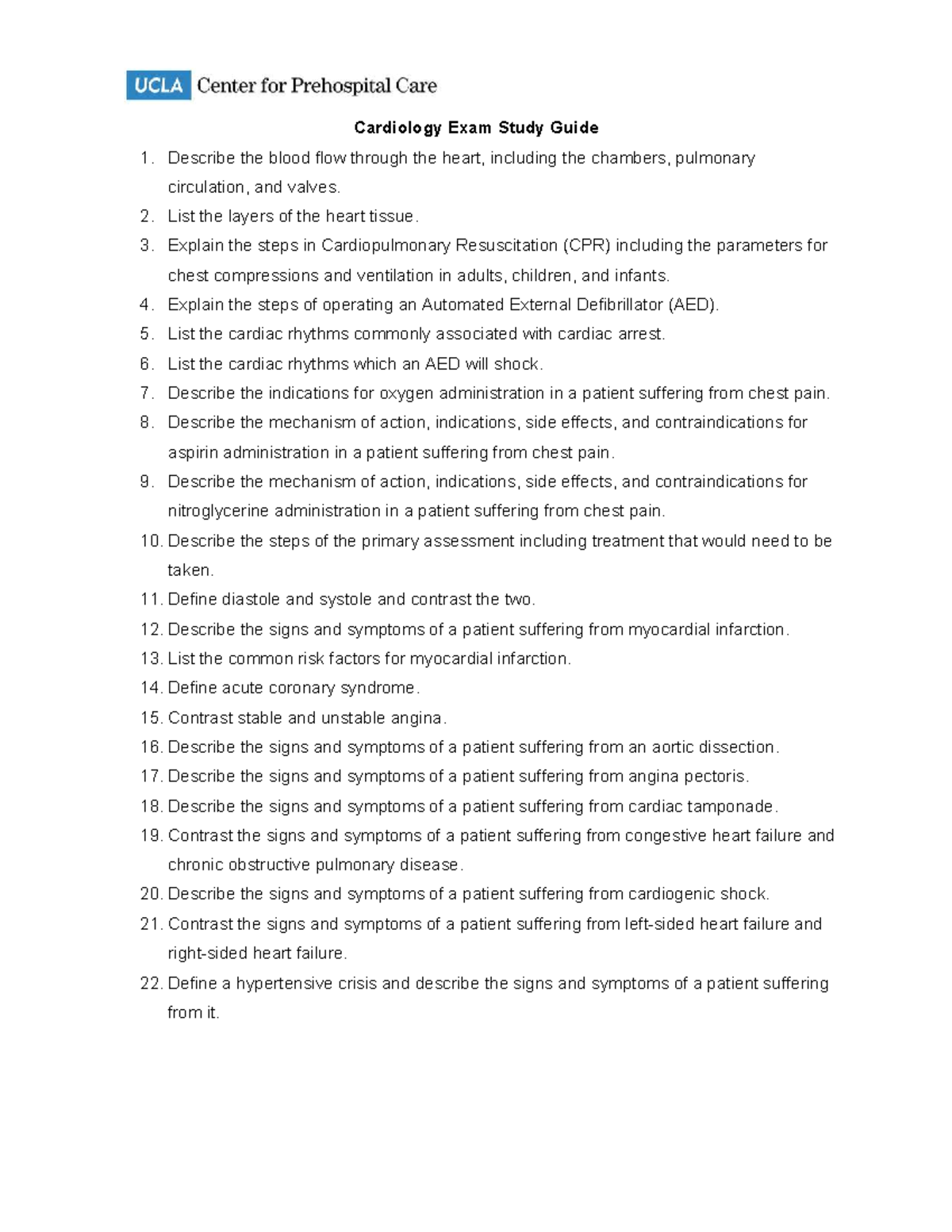 Cardiology Exam Study Guide EMT - Cardiology Exam Study Guide Describe ...