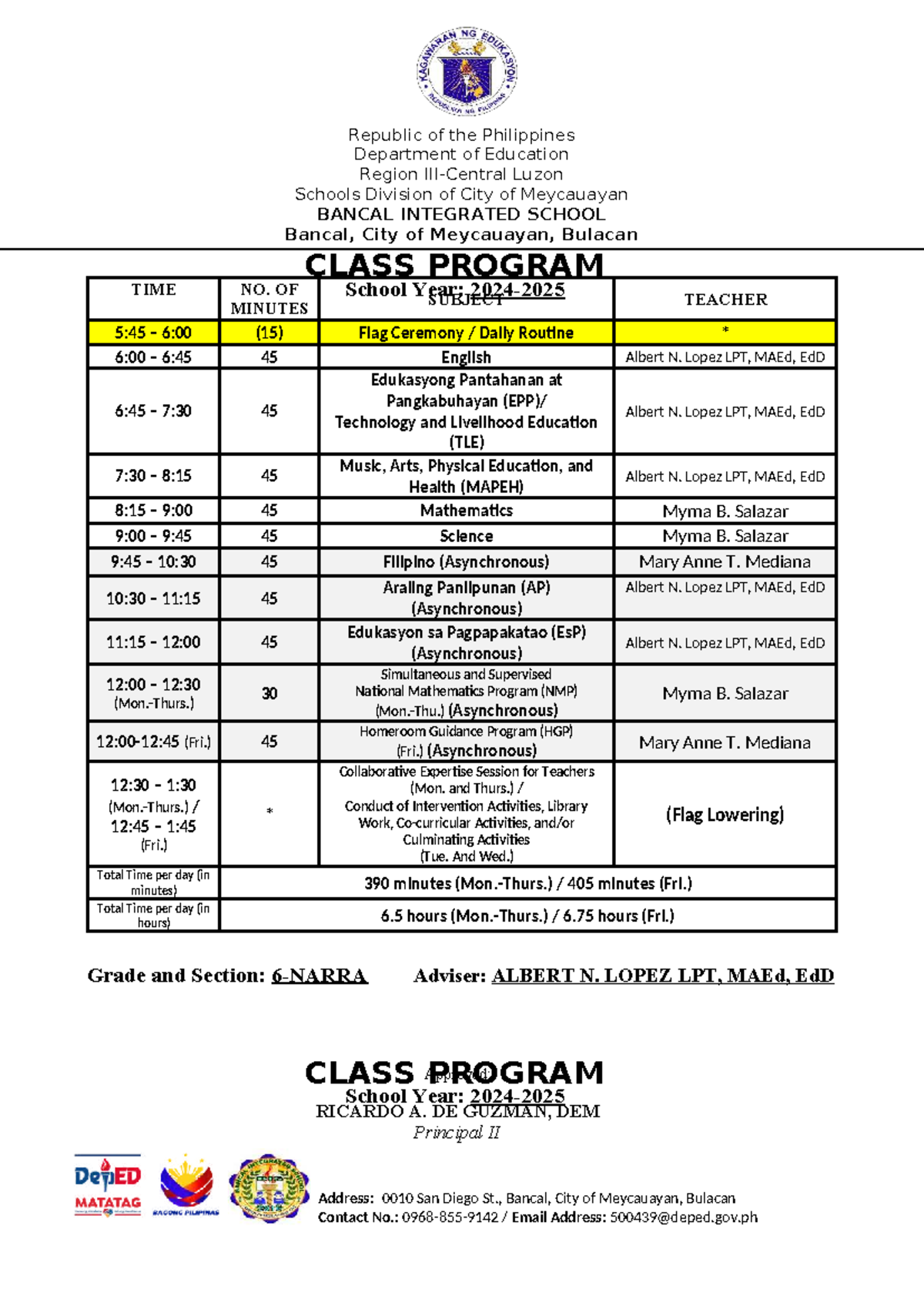 SY24-25 ADM Class Program for Narra Molave at Bancal Integrated School ...