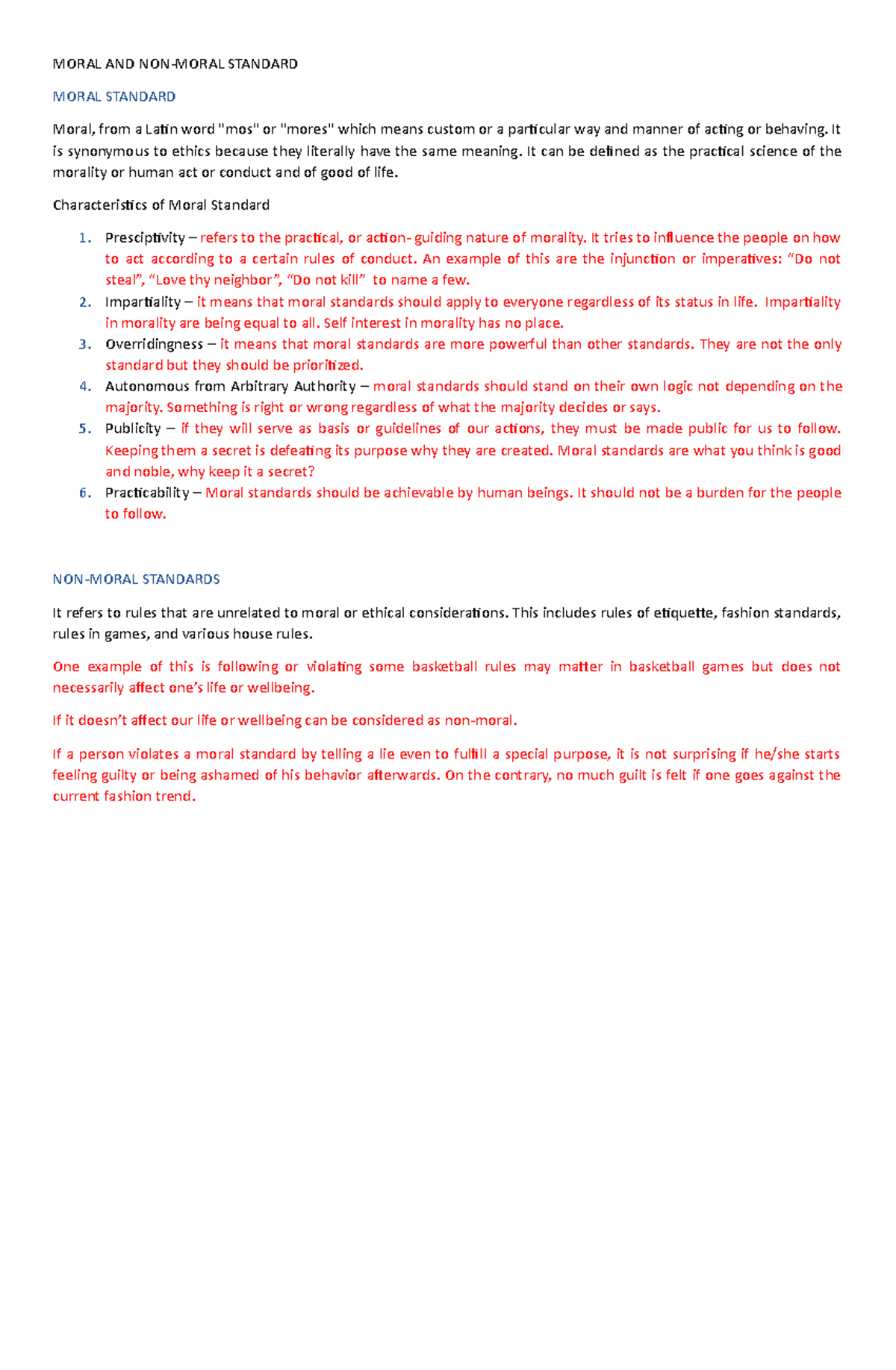 Moral and Non Moral Standards Handout - MORAL AND NON-MORAL STANDARD ...