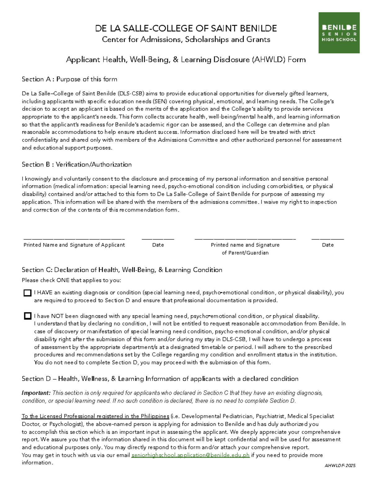 AHWLD Form for Admissions at De La Salle Benilde - BSHS - Studocu