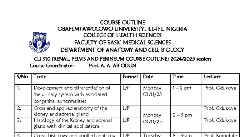 CLI 310 Anatomy Course Outline: Renal, Pelvis & Head/Neck 2025 - Studocu