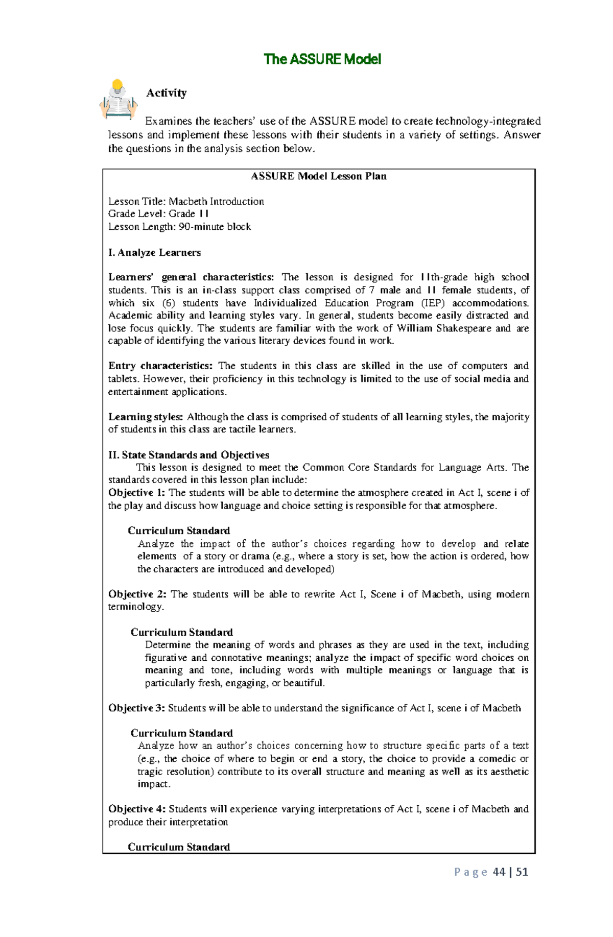 The Assure Model - Activity Examines the teachers‘ use of the ASSURE ...
