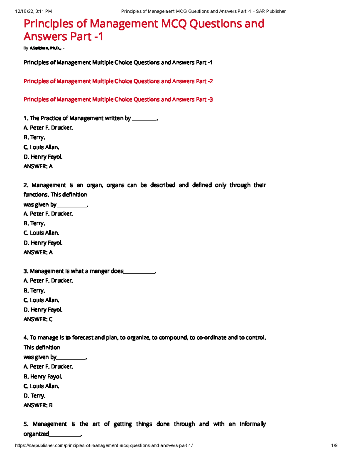 Principles of Management MCQ Questions & Answers Part 1 (3:11 PM) - Studocu