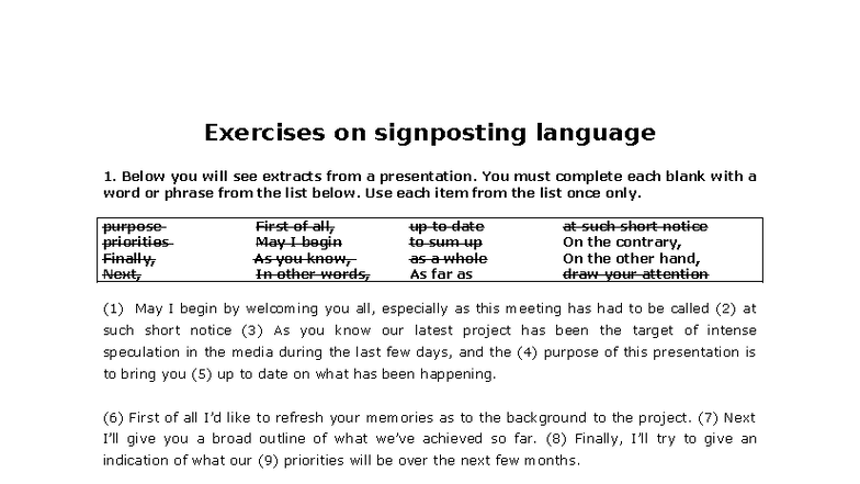 Presentations Signposting Exercises: Completion Tasks - Studocu