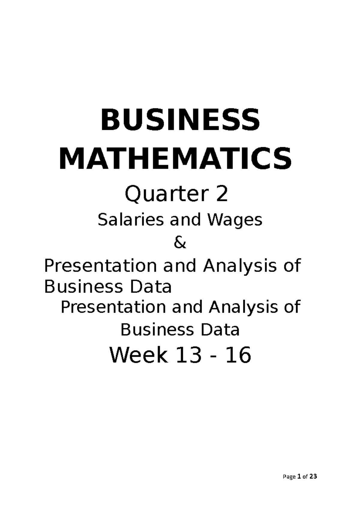 Q2 Business Mathematics: Salaries and Business Data Analysis (Weeks 13 ...