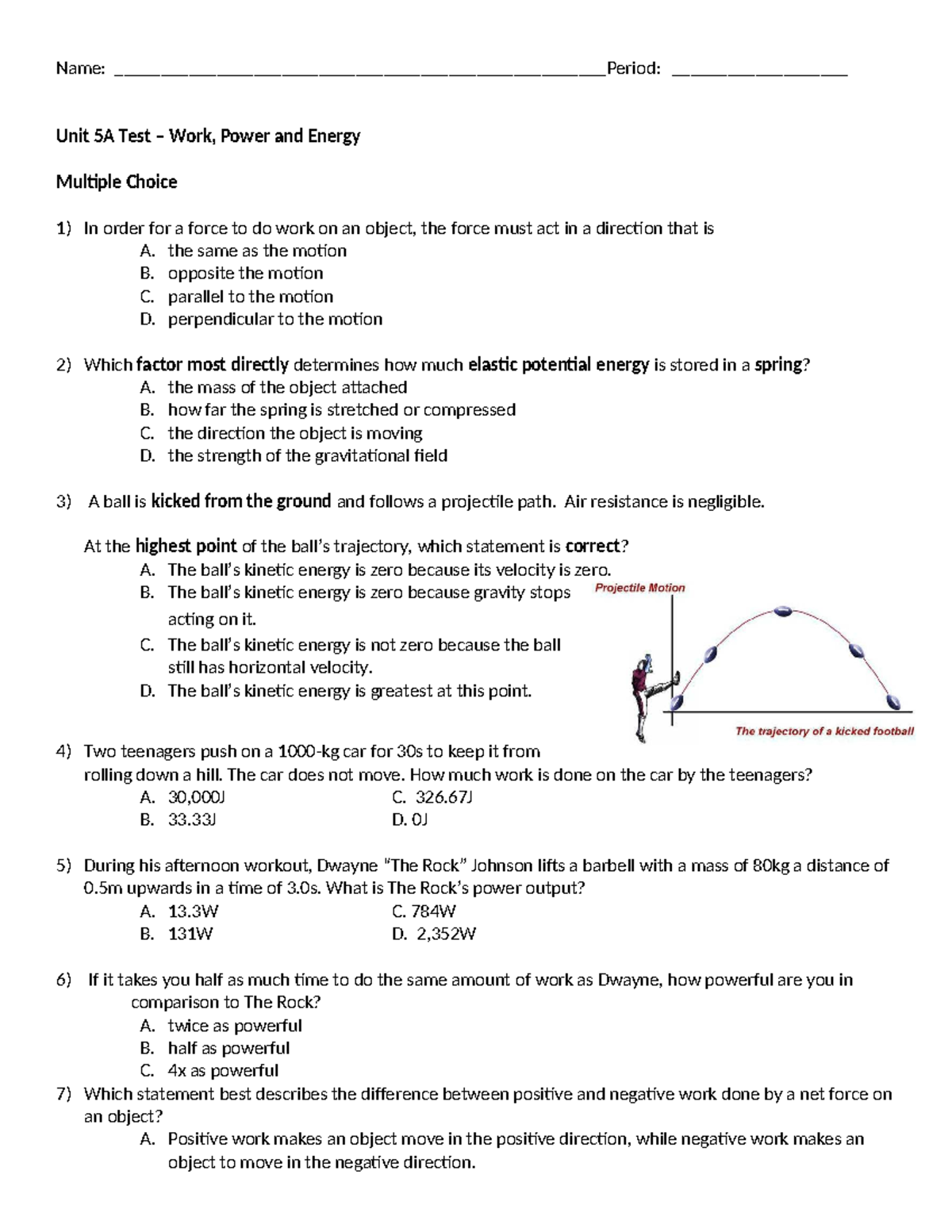 Unit 5 Test - Work, Power, and Energy MCQ & Free Response - Studocu