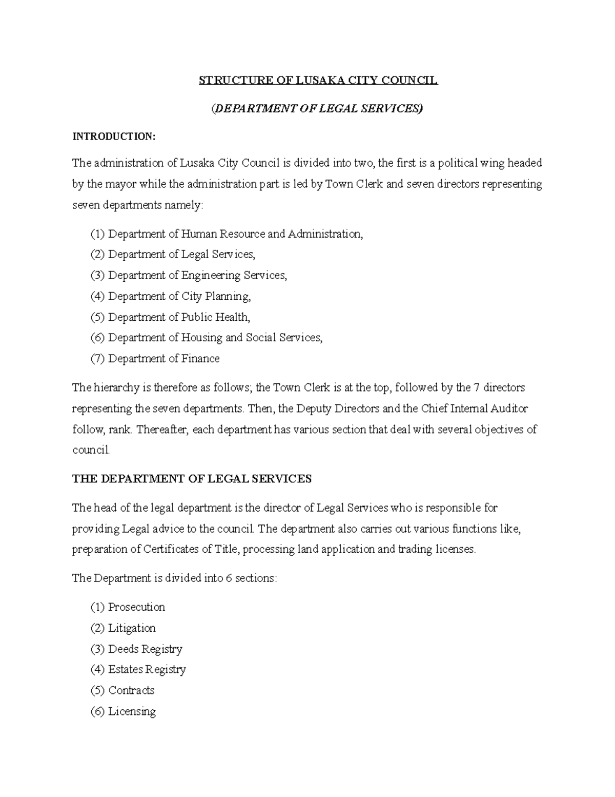 LCC Structure - STRUCTURE OF LUSAKA CITY COUNCIL ( DEPARTMENT OF LEGAL ...