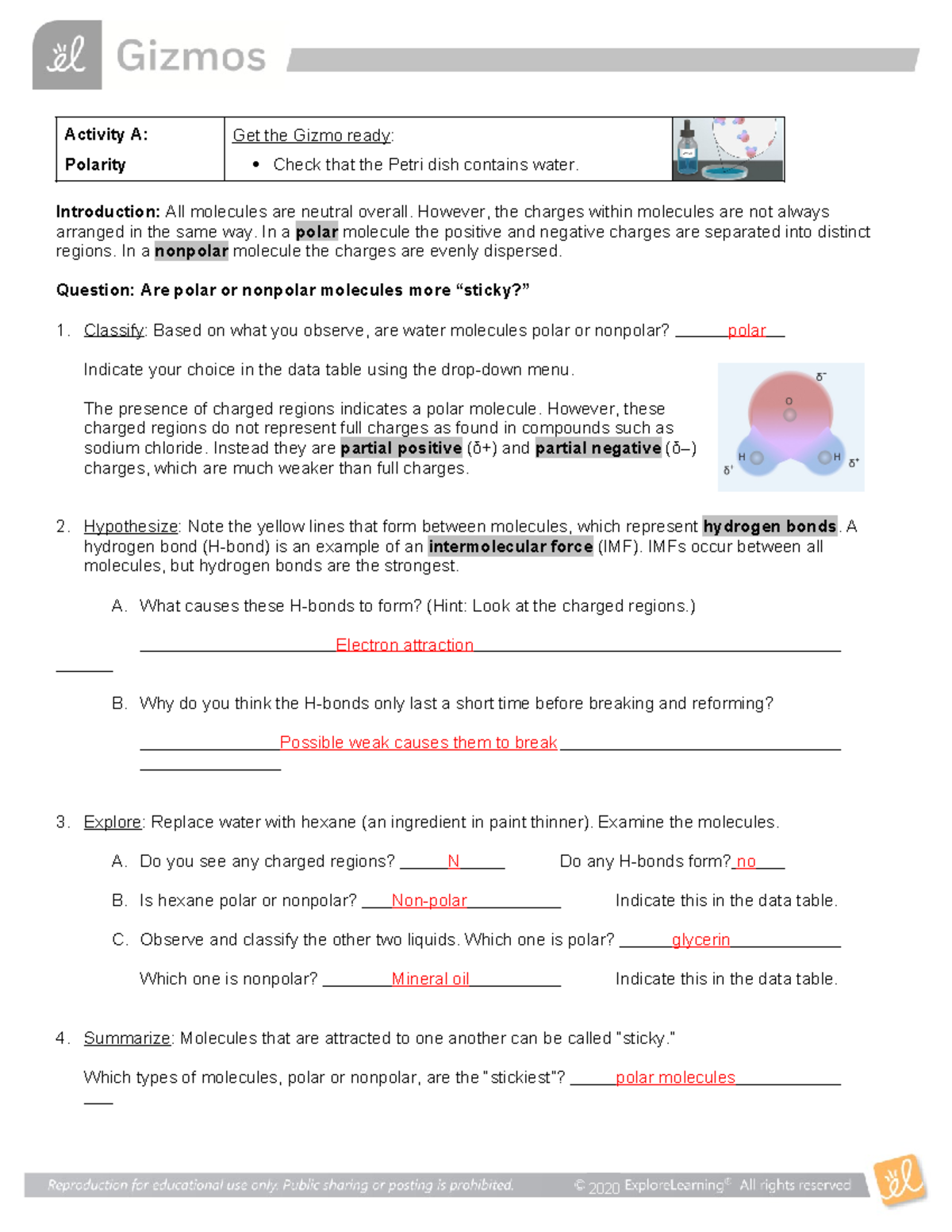 Gizmo Sticky molecules Activity A B - Activity A: Polarity Get the ...