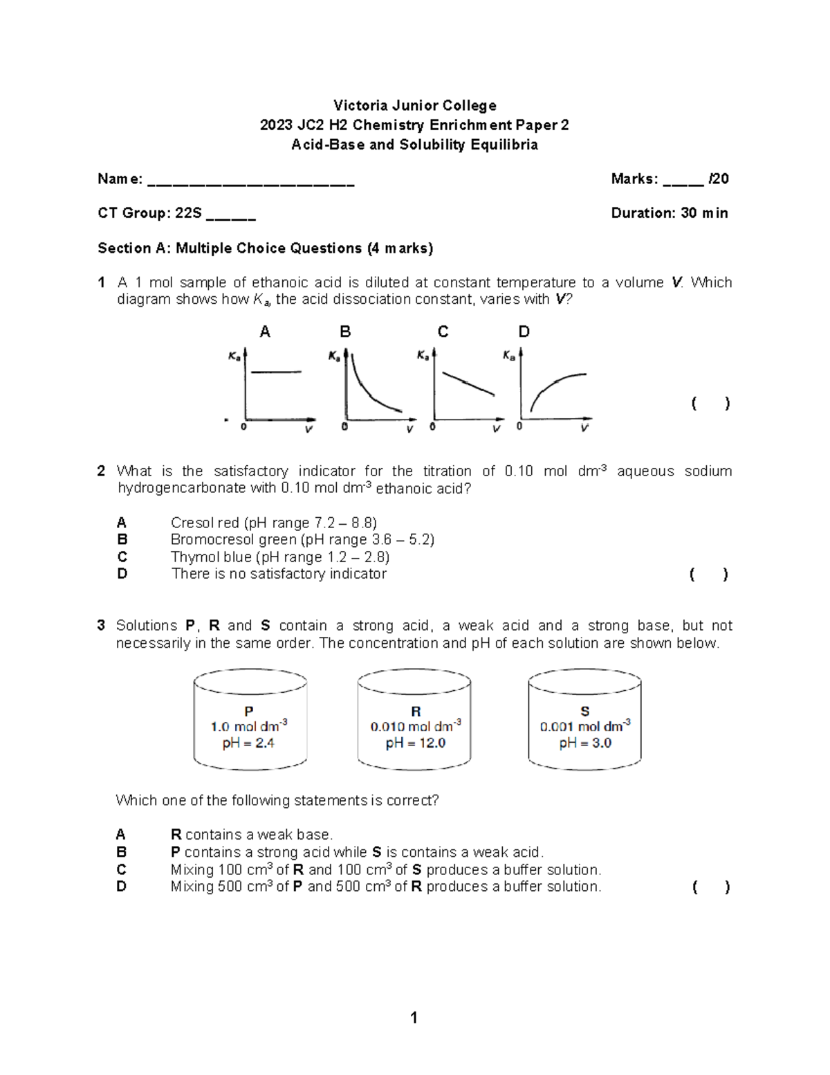 2023 JC2 H2 Chemistry Enrichment Paper 2 - Acid-Base & Solubility ...