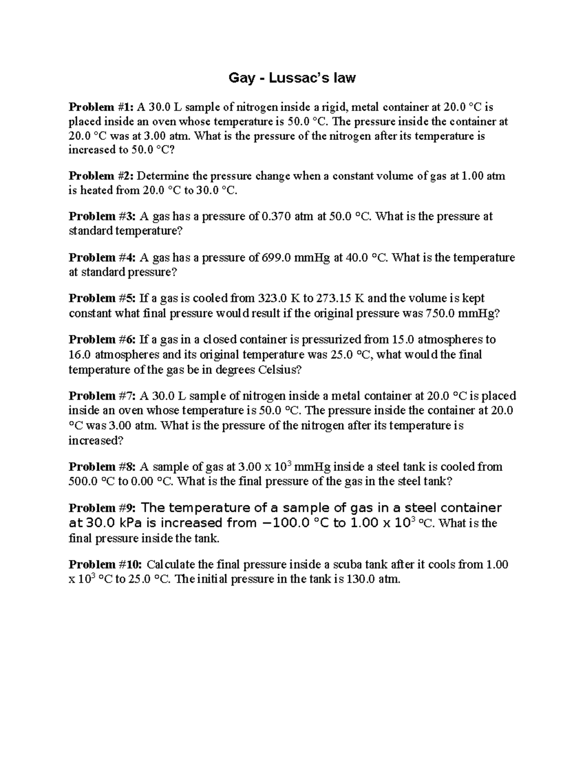 Gay Lussac’s law problems - Gay - Lussac’s law Problem #1: A 30 L ...