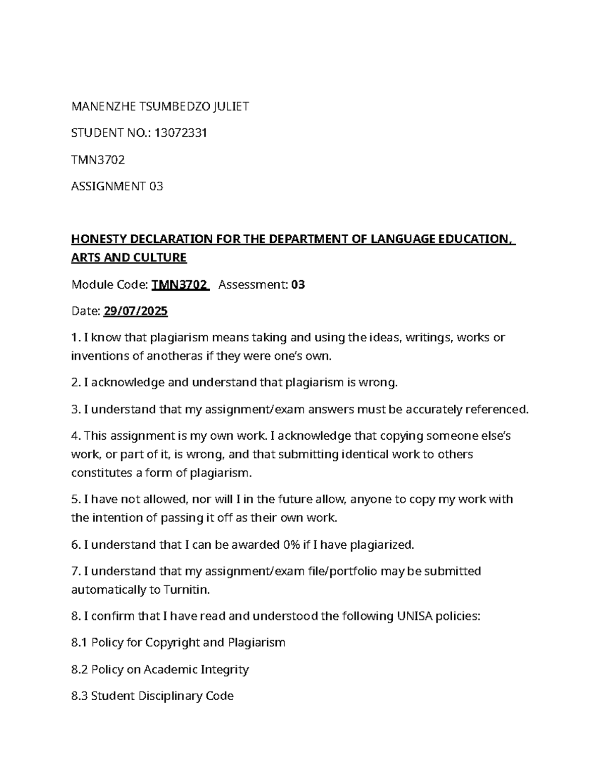 TMN3702 Assignment 03: Honesty Declaration & Writing Strategies - Studocu
