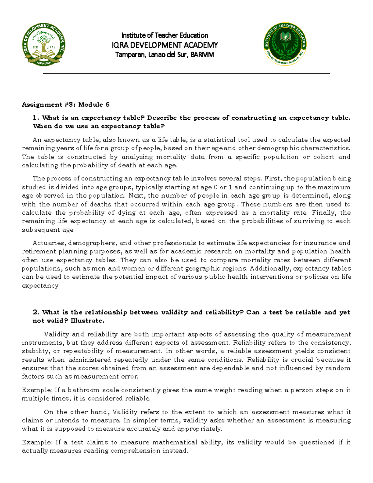EDU 301: Assignment 8 - Expectancy Tables & Validity vs Reliability - Studocu