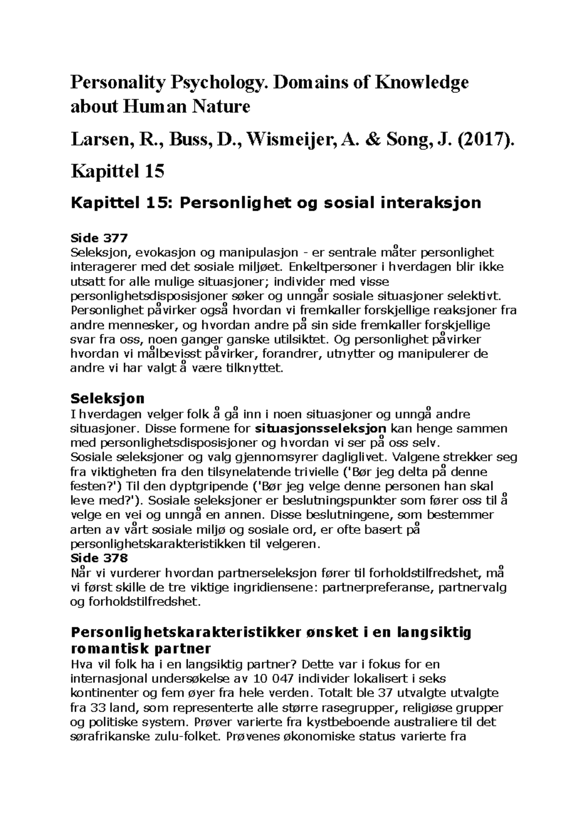 Kapittel 15: Personlighet og sosial interaksjon i Psykologi - Studocu