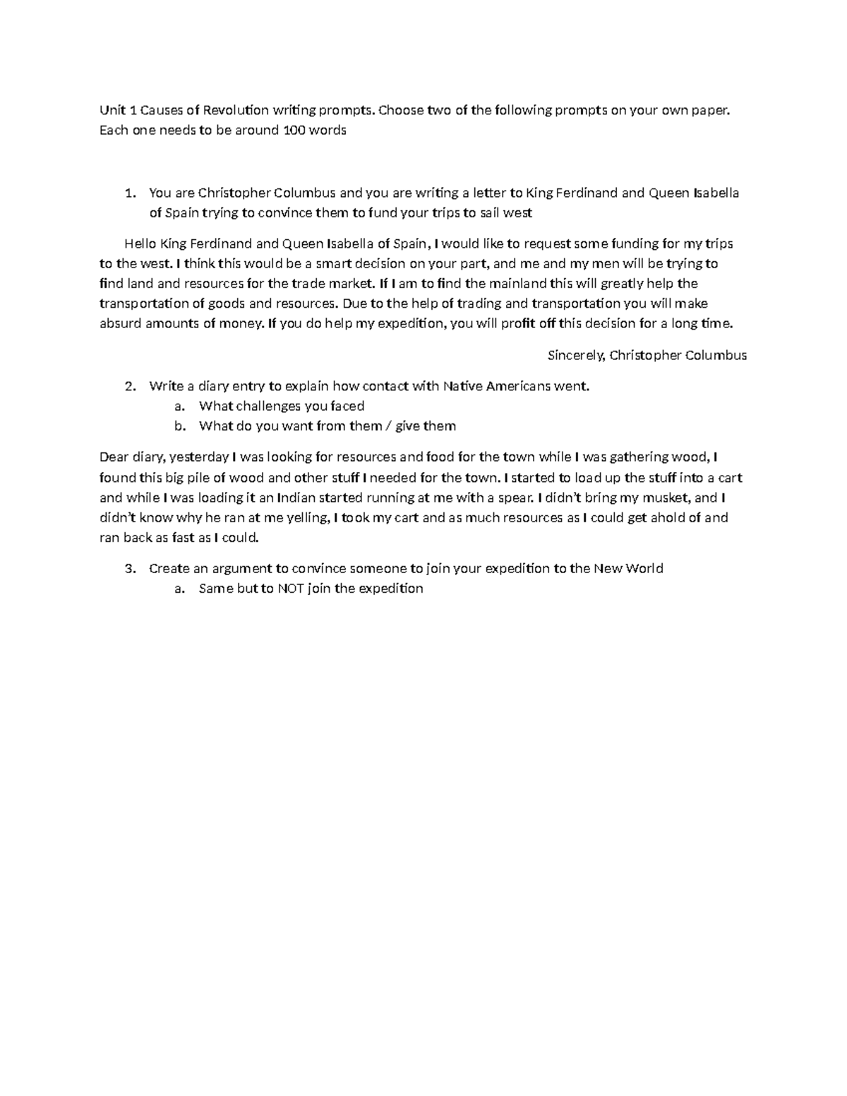 Writing Prompt - Easy Assignment - Unit 1 Causes of Revolution writing ...