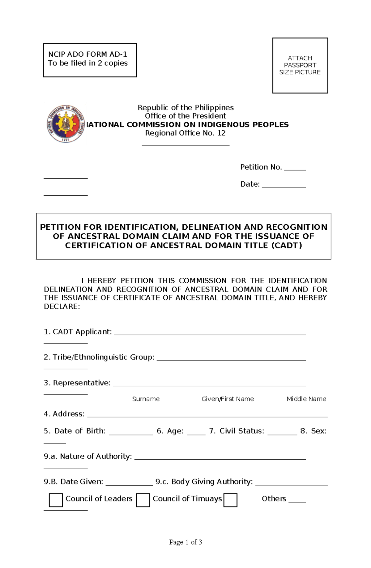 NCIP ADO Form AD-1: Petition for Ancestral Domain Title Recognition ...