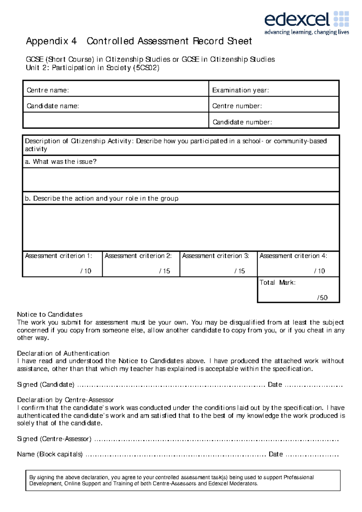Unit 2 record sheet - test - Appendix 4 Controlled Assessment Record ...