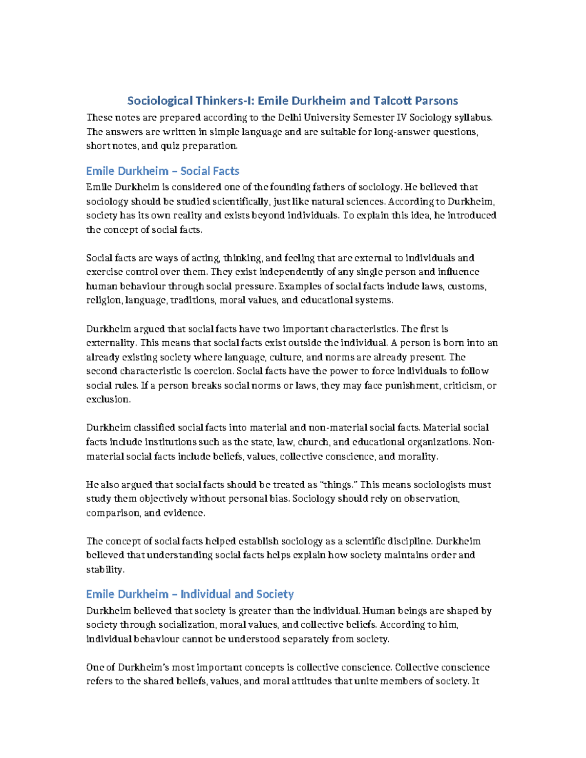 Sociological Thinkers: Emile Durkheim & Talcott Parsons - DU Notes ...