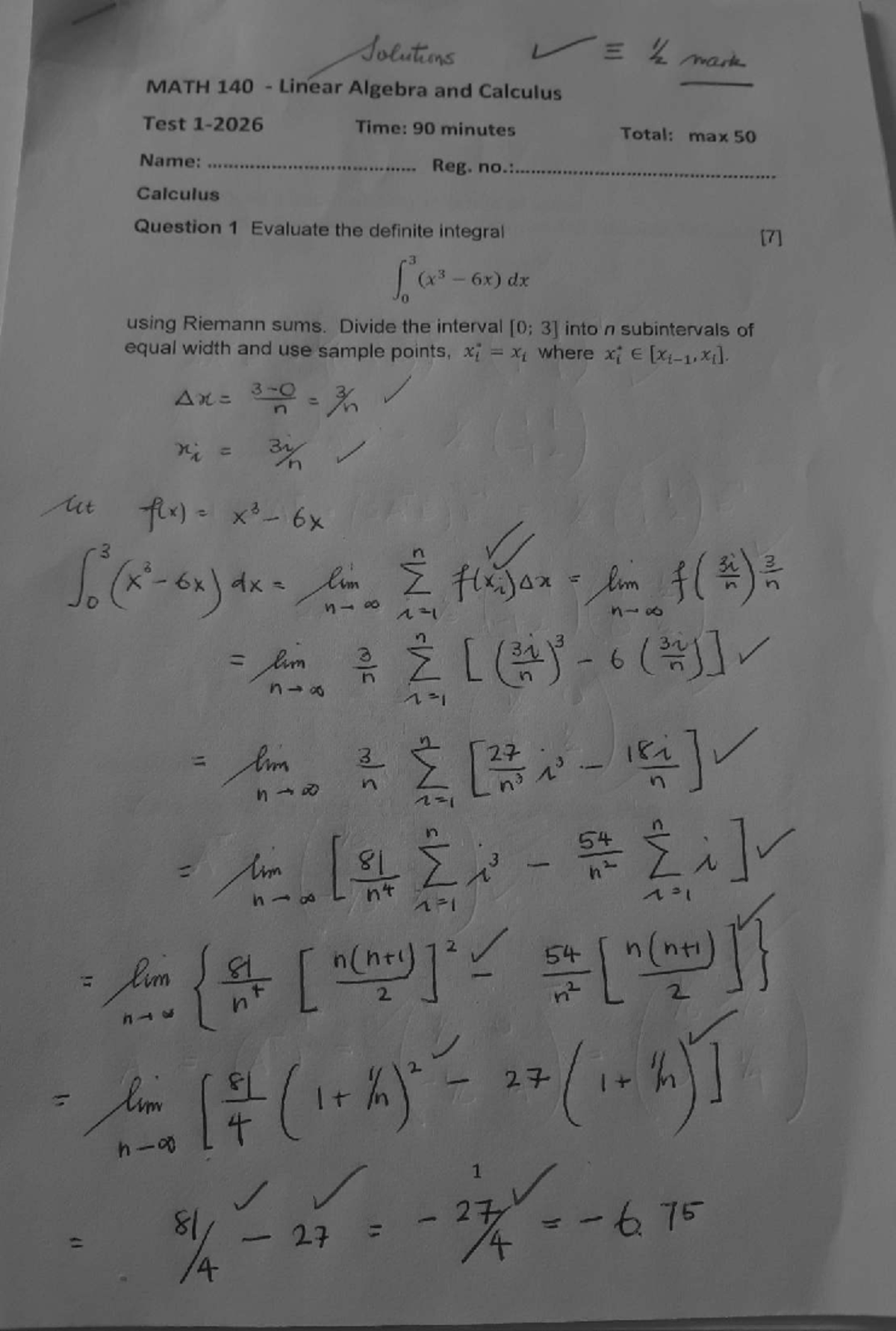 MATH 140 Linear Algebra & Calculus I Test 1 Solutions - Studocu