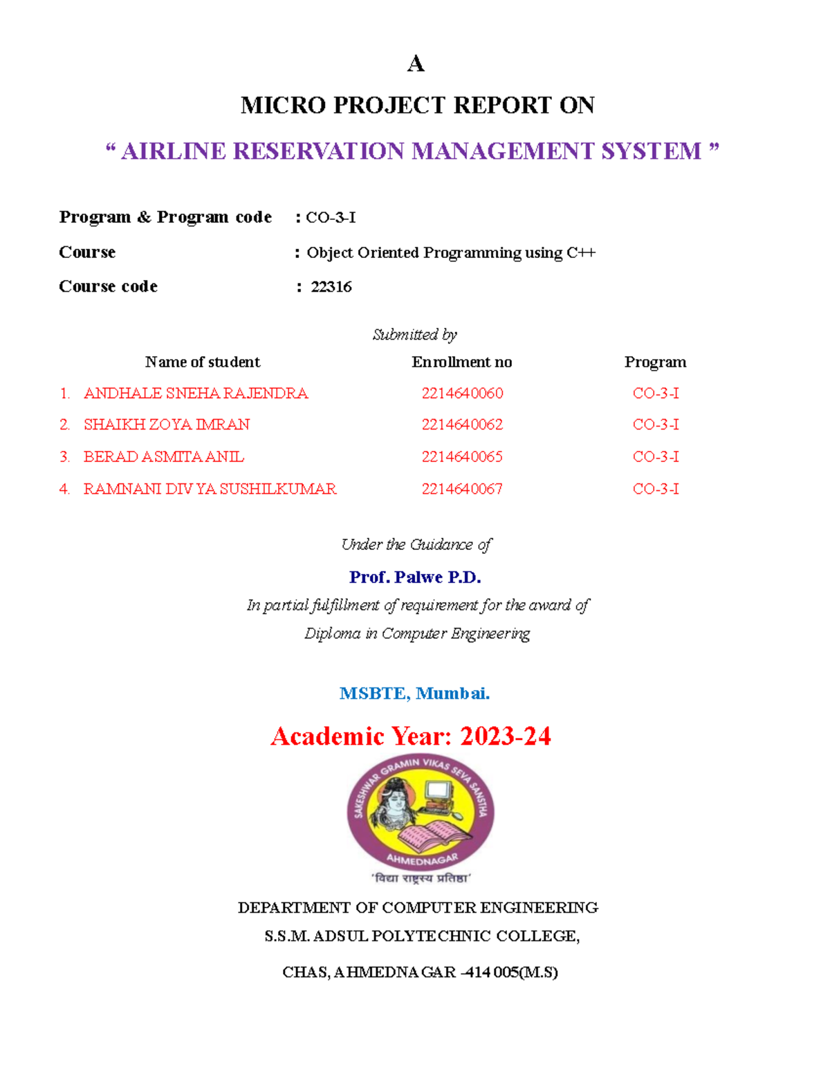 Oop MICR - Oop program - A MICRO PROJECT REPORT ON “ AIRLINE RESERVATION MANAGEMENT SYSTEM ...