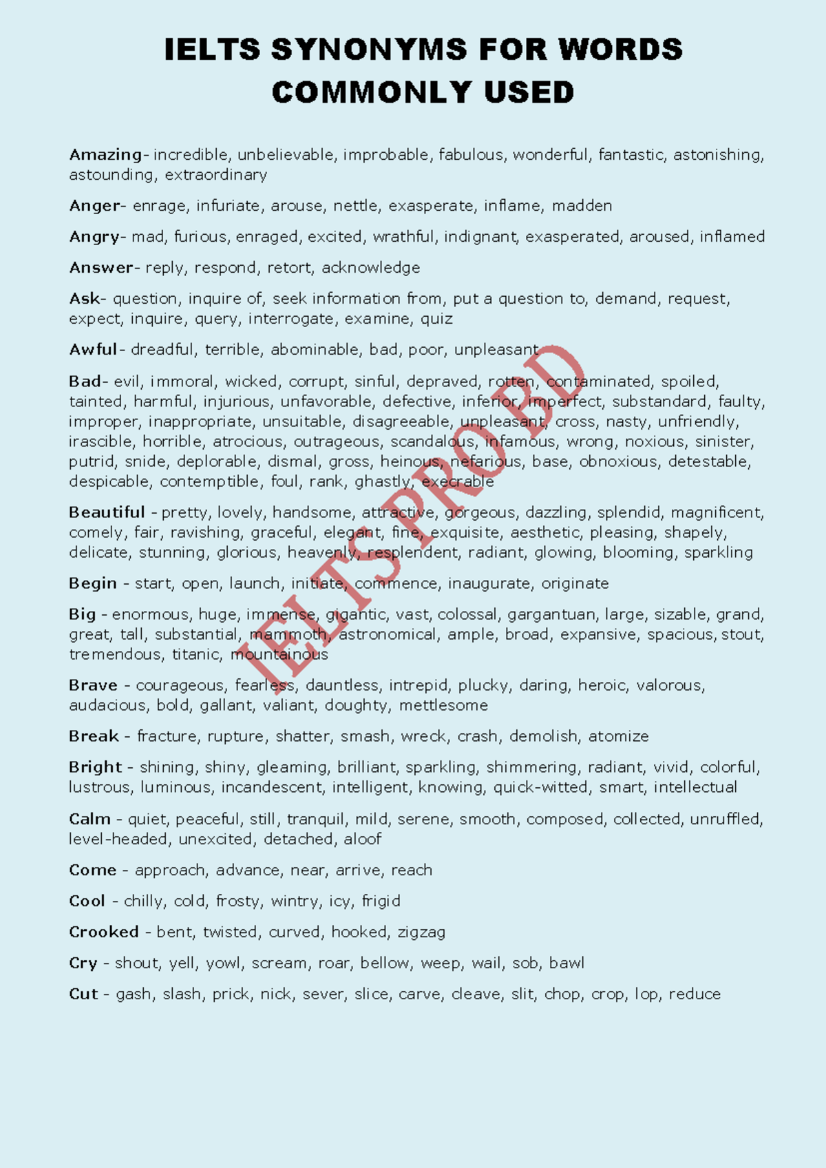 IELTS Synonyms for Commonly Used Words: A Comprehensive Guide - Studocu