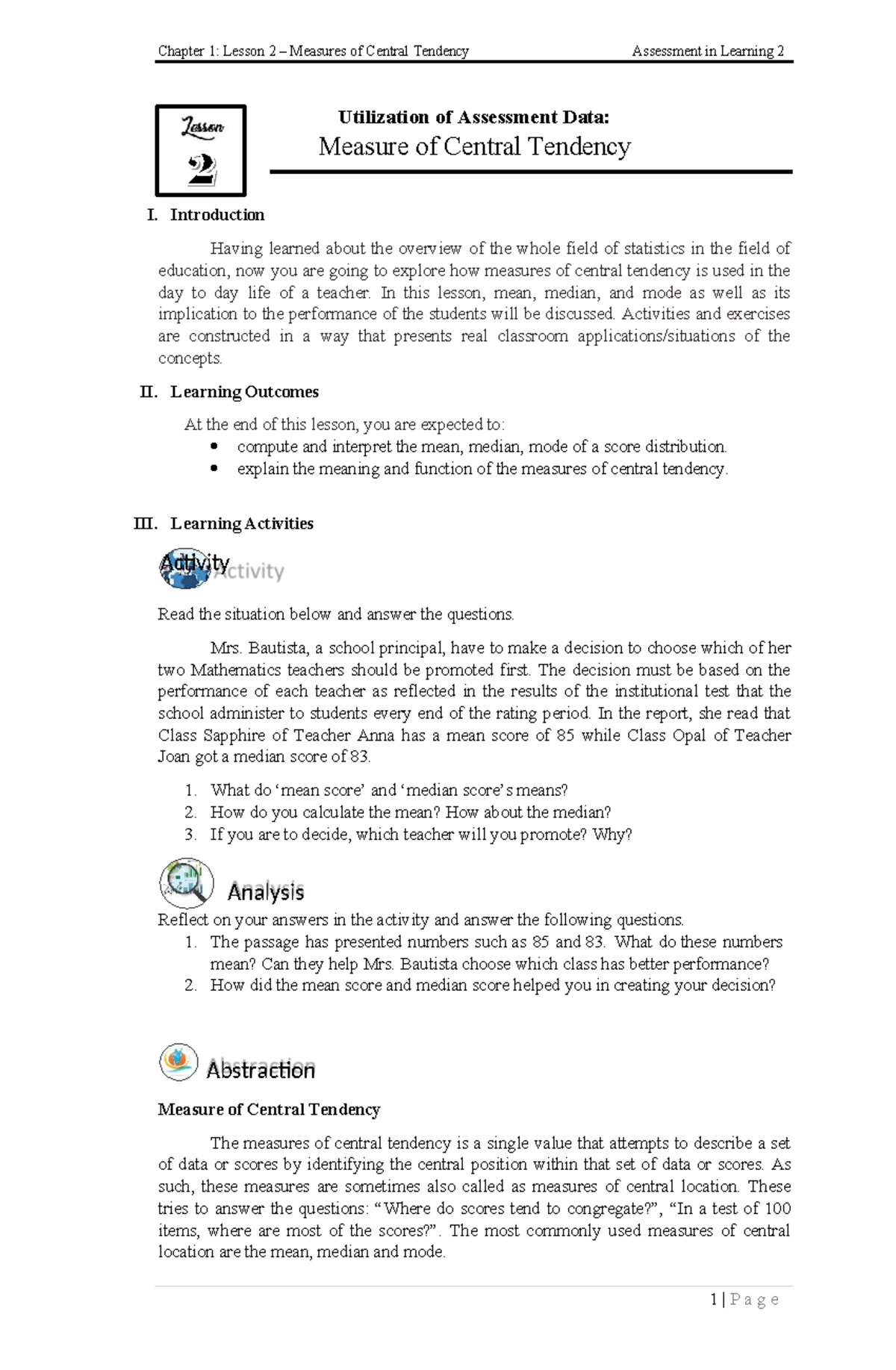 Chapter 1: Lesson 2 - Measures of Central Tendency in Assessment 2 ...