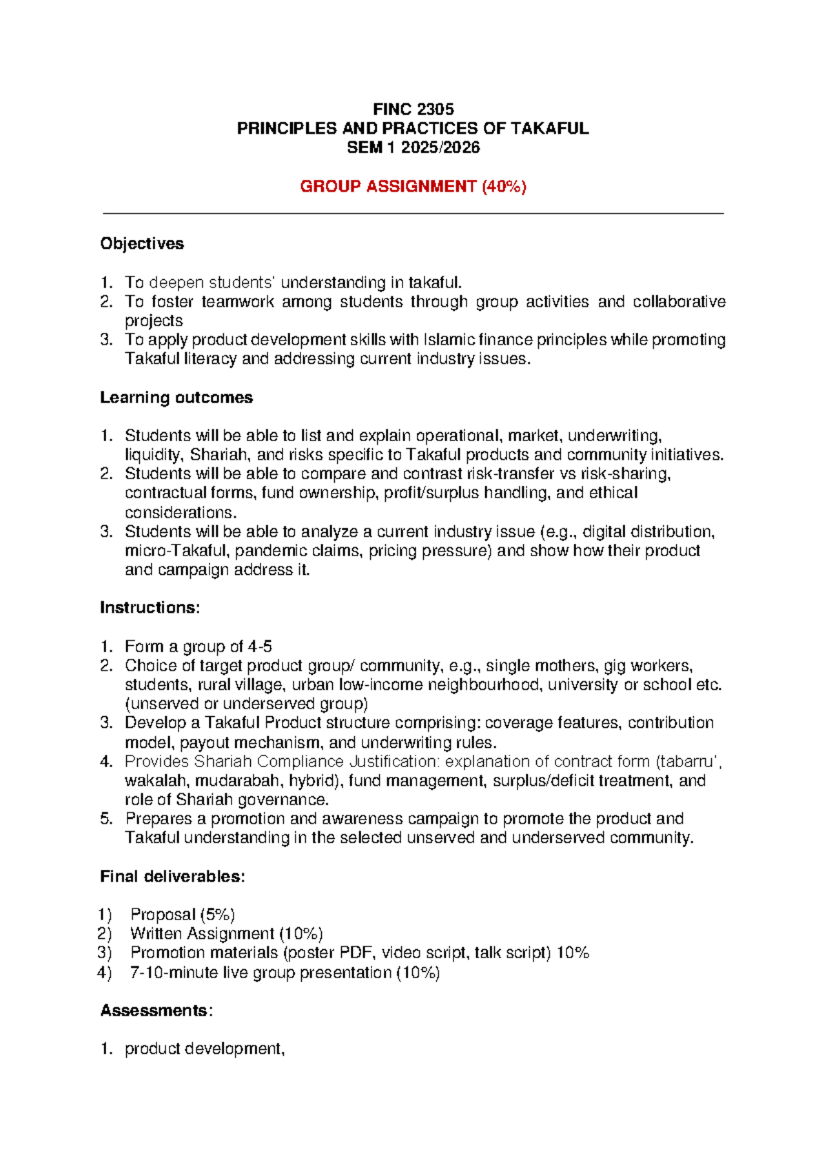 FINC 2305 Takaful Product Design & Awareness Campaign Group Assignment ...