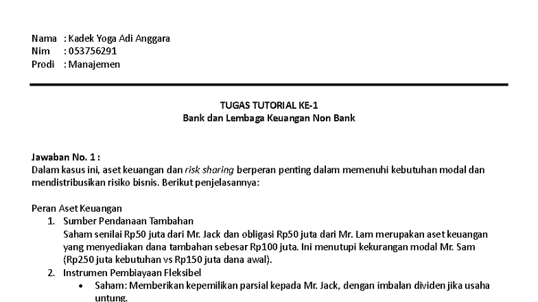 Tugas 1 Bank dan Lembaga Keuangan Non Bank - Nama : Kadek Yoga Adi ...