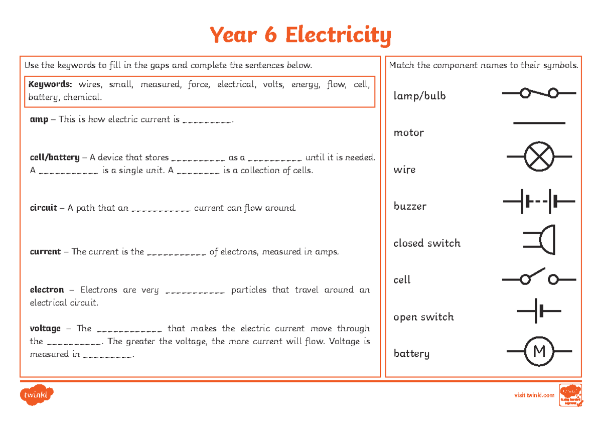 Year 6 Electricity Revision Activity Mat: Key Concepts and Circuit ...