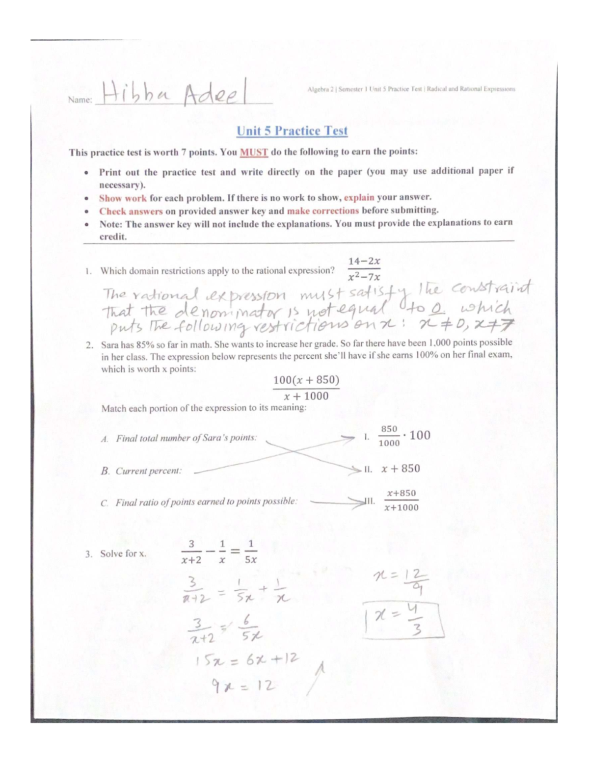 Algebra 2 (Adeel) Unit 5 Practice Test: Radical & Rational Expressions ...