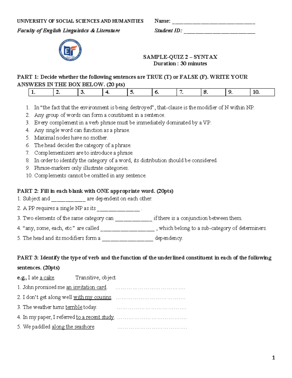 Quiz 2-Sample: Syntax Assessment for English Linguistics (ENG 101 ...